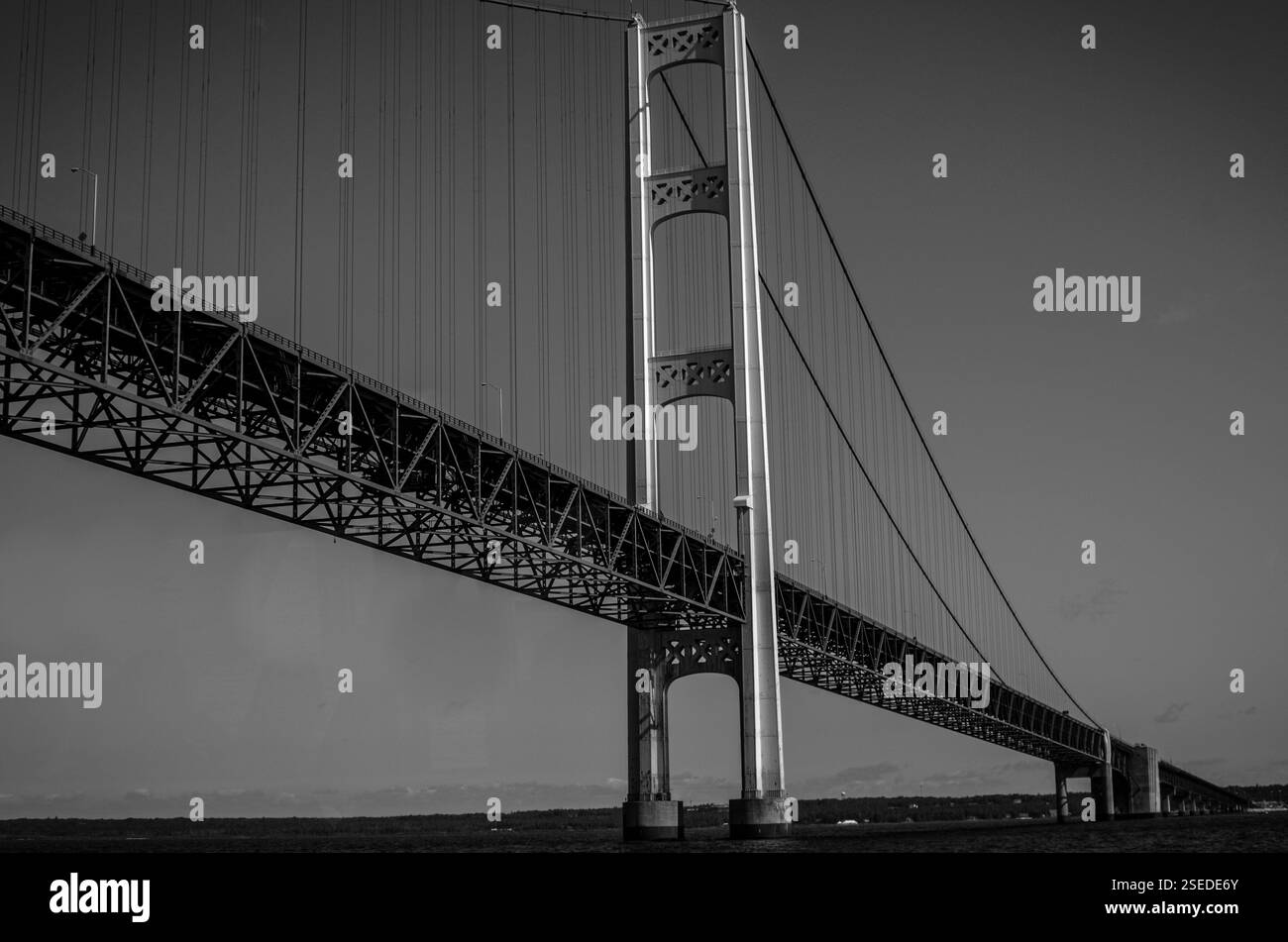 Black and white view of the Mackinac Bridge, a suspension bridge ...