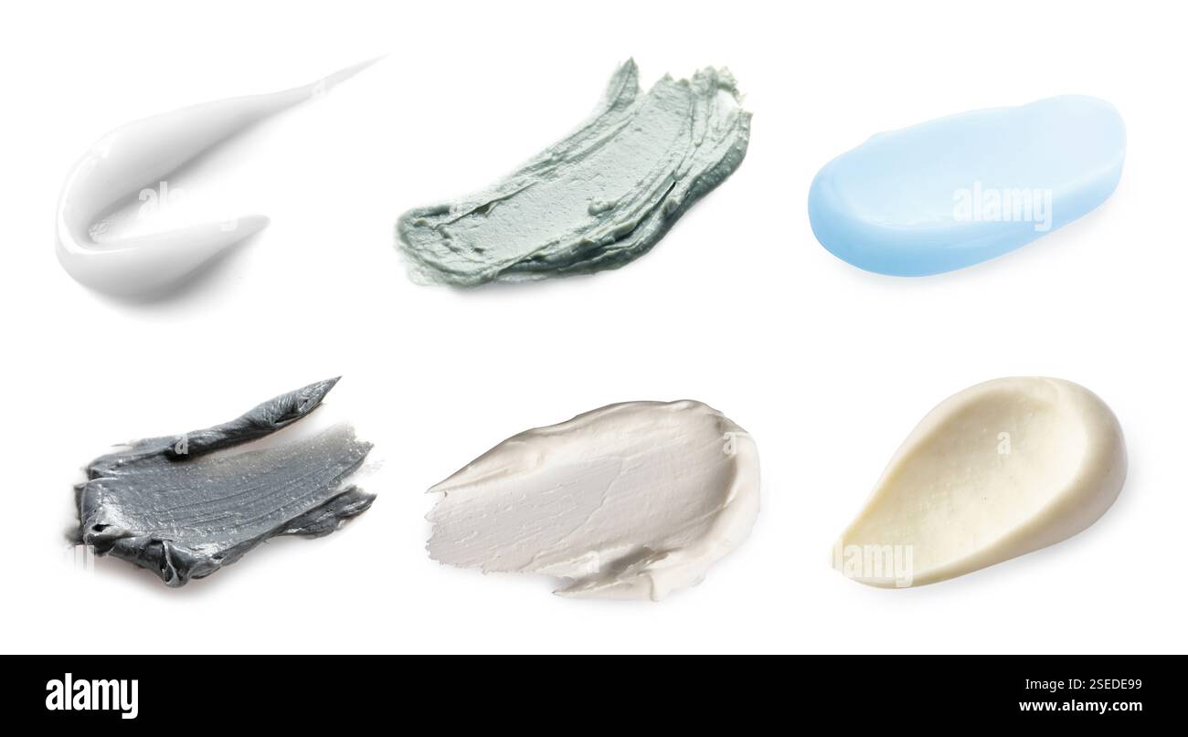 Samples of different creams isolated on white, top view Stock Photo - Alamy