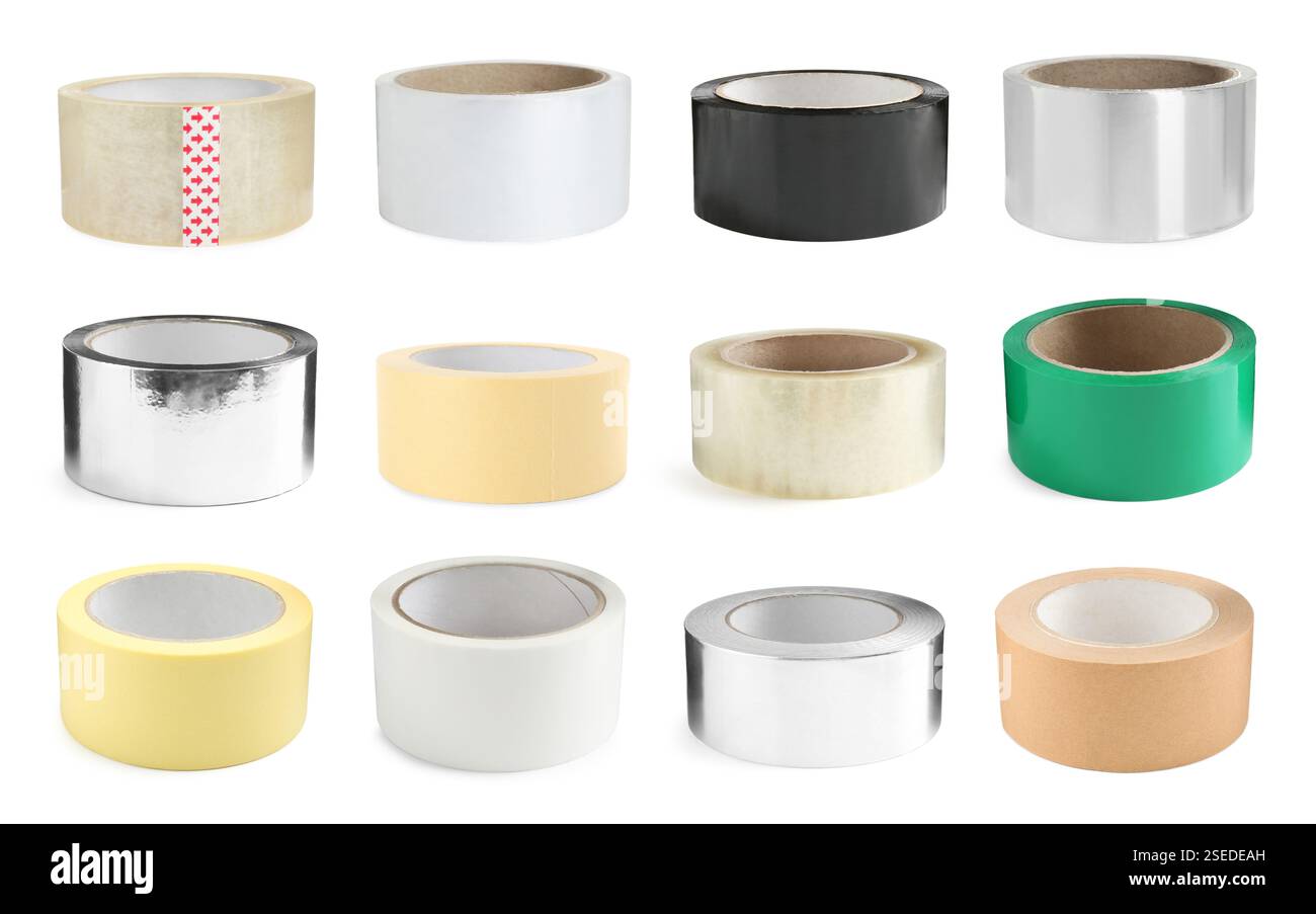 Rolls of different adhesive tapes isolated on white, set Stock Photo ...