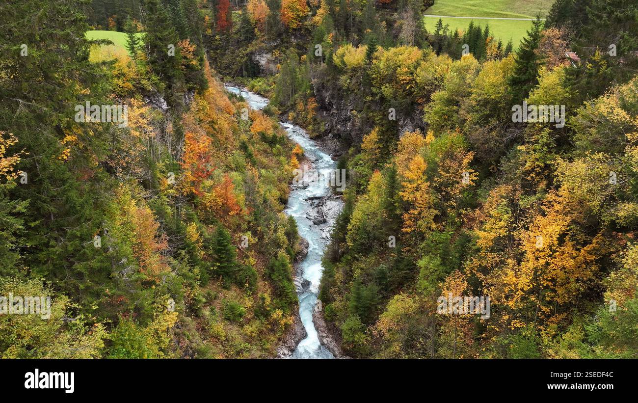 Drone image of the Jochbach in the Lechtal in Tyrol in Austria in fall ...