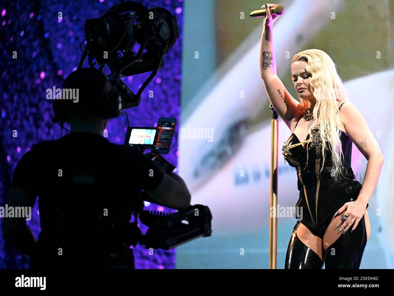 Tampere, Finland. 08th Feb, 2025. Singer Erika Vikman performing during dress rehearsal of the ...