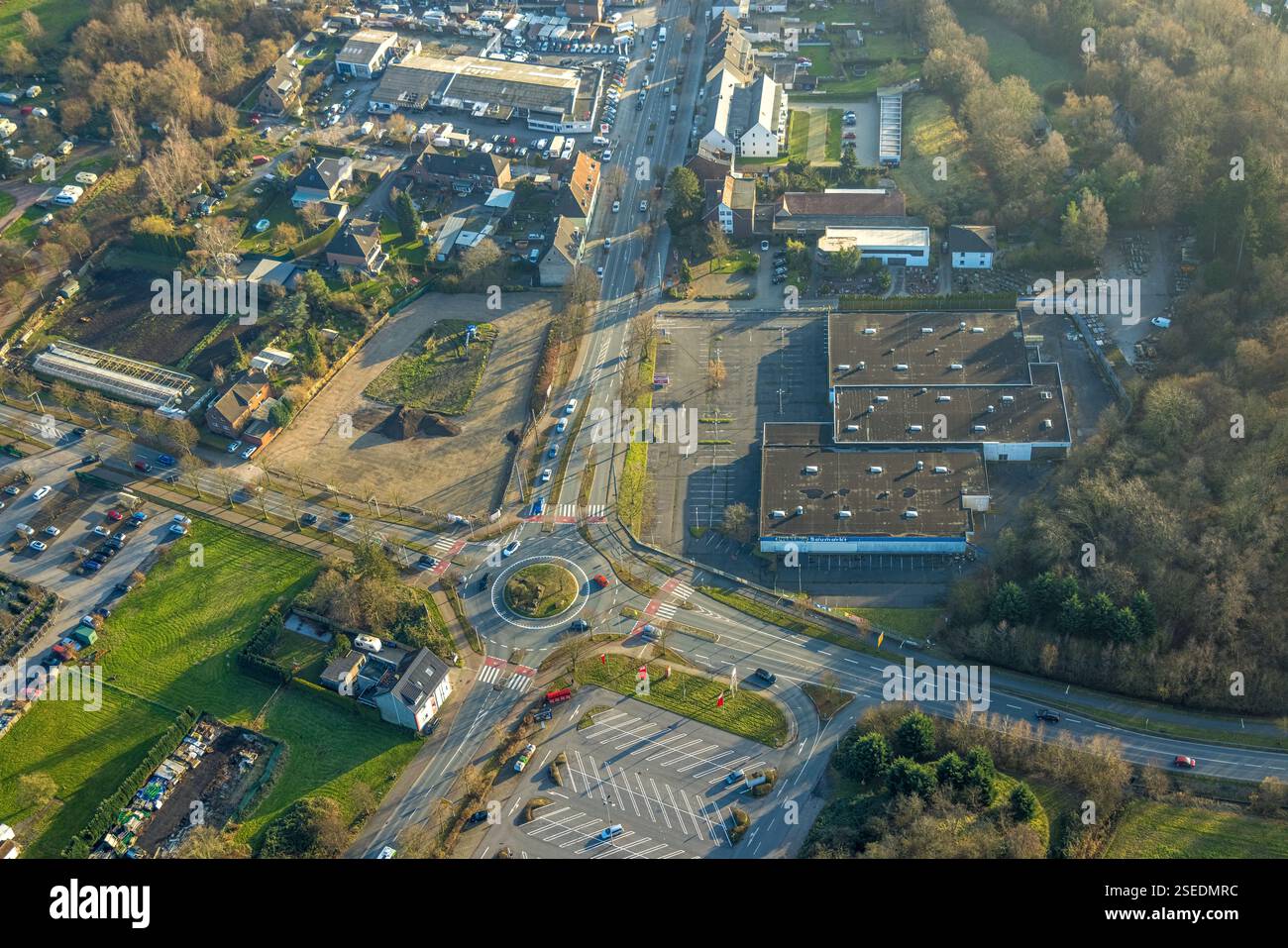 Aerial view, Münsterstraße federal road B63 with traffic circle ...
