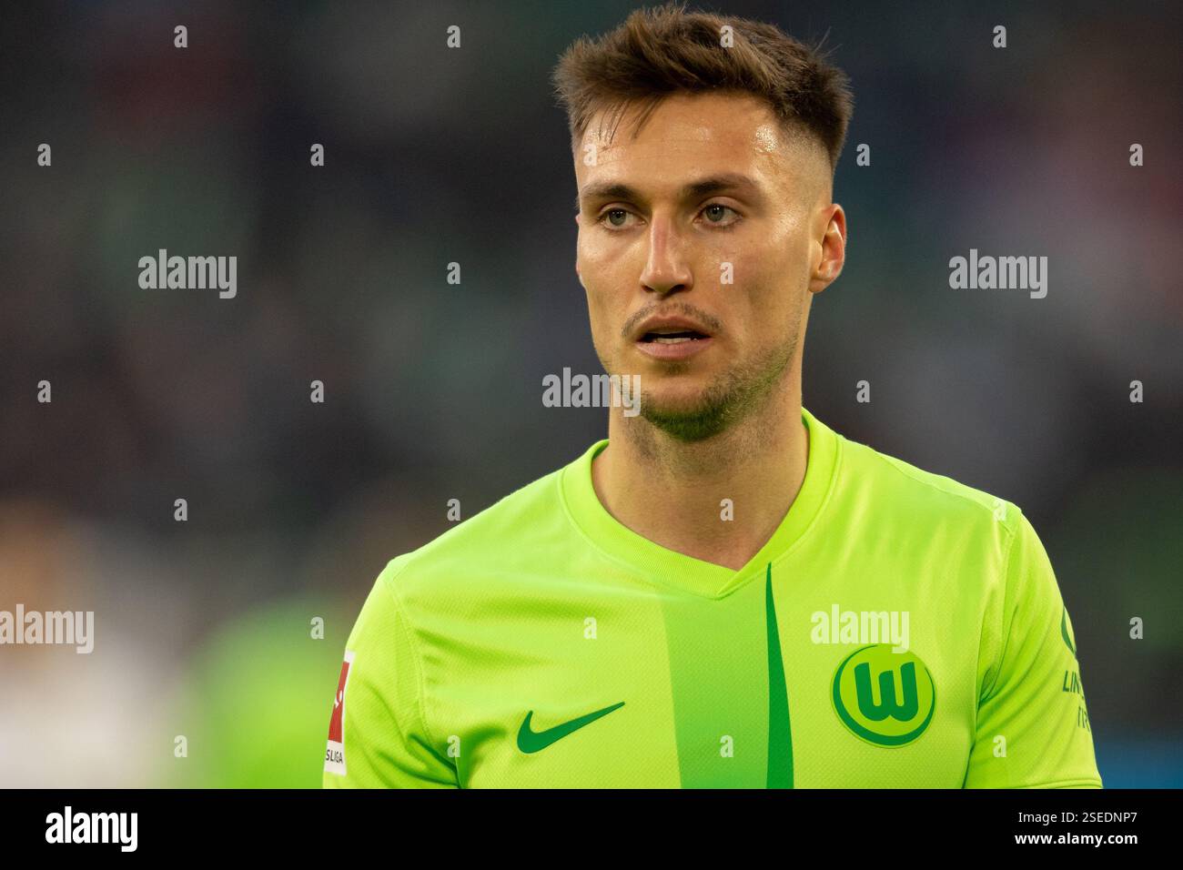 Wolfsburg, Germany. 08th Feb, 2025. Kilian Fischer of Wolfsburg seen ...
