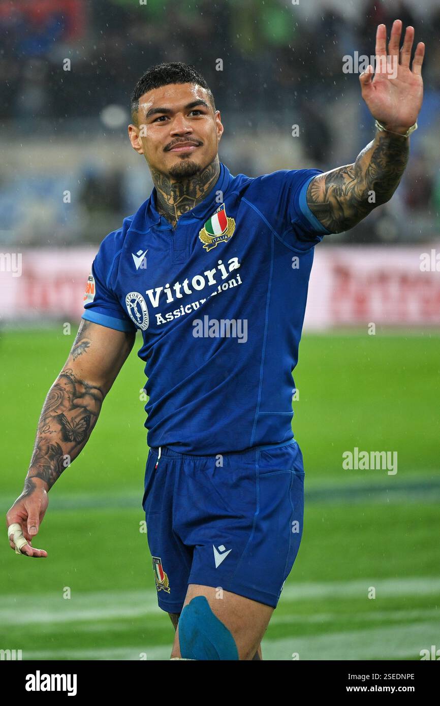 Rome, Lazio. 08th Feb, 2025. Monty Ioane of Italy celebrate the victory ...