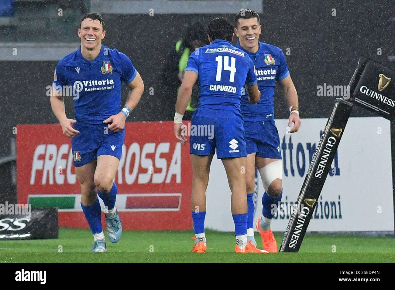 Rome, Lazio. 08th Feb, 2025. Ange Capuozzo of Italy celebrates try to ...