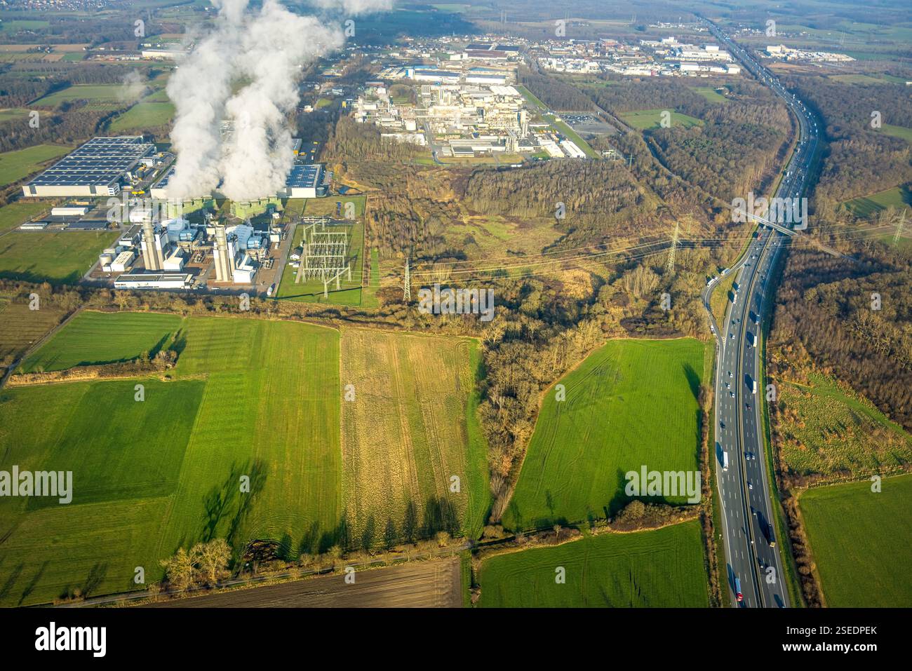 Aerial view, Trianel Gaskraftwerk Hamm GmbH with smoke clouds, Celanese ...