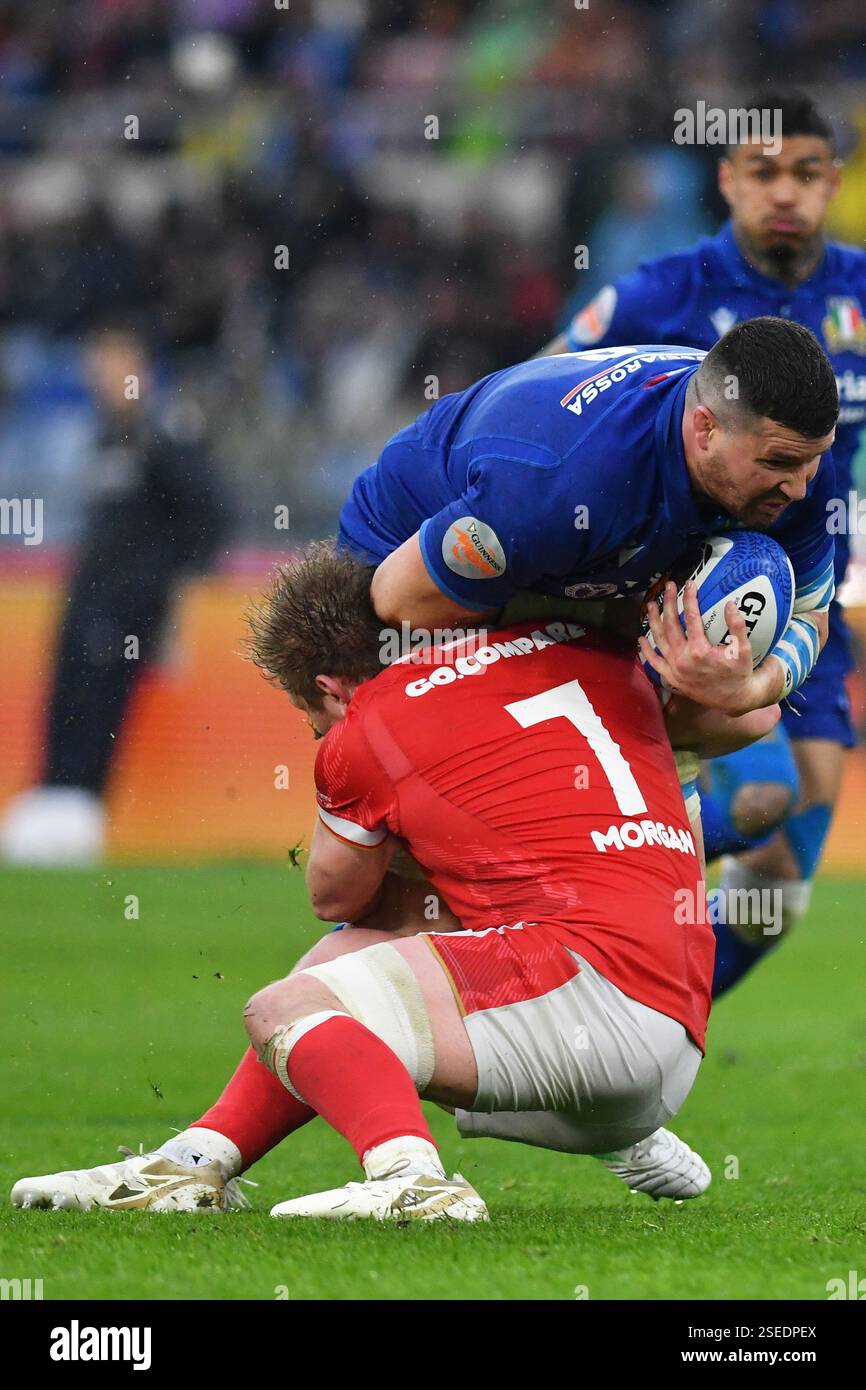 Rome, Lazio. 08th Feb, 2025. Jac Morgan of Wales, Sebastian Negri of ...