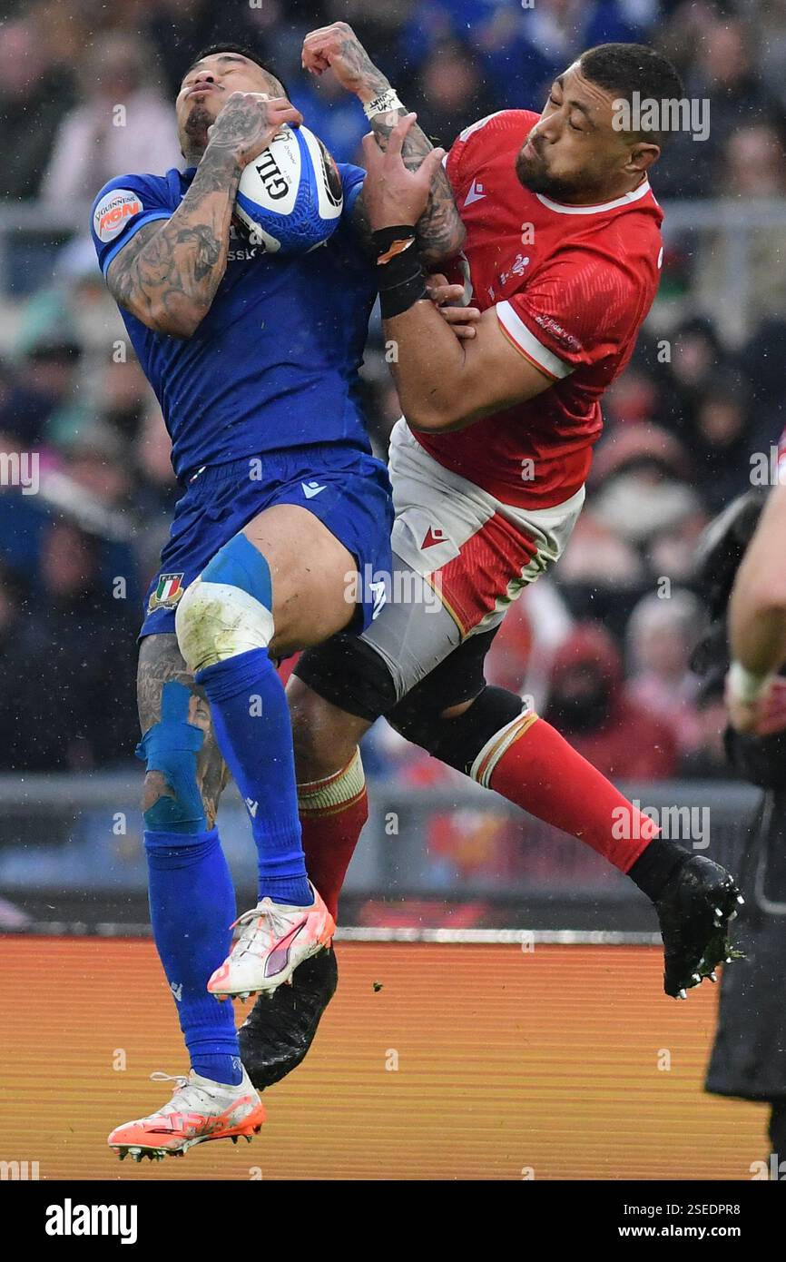 Rome, Lazio. 08th Feb, 2025. Monty Ioane of Italy, Taulupe Faletau of ...