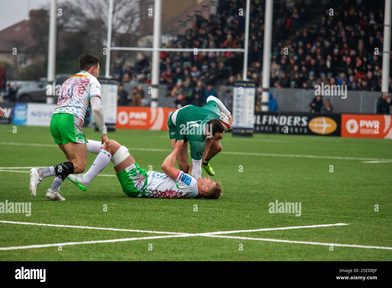London, UK, 8th February 2025. Ealing Trailfinders winger Michael Dykes ...