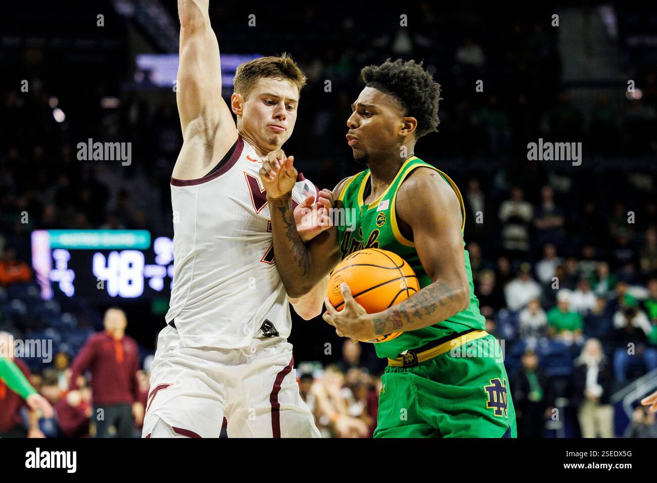 February 08, 2025: Notre Dame guard Markus Burton (3) drives as ...