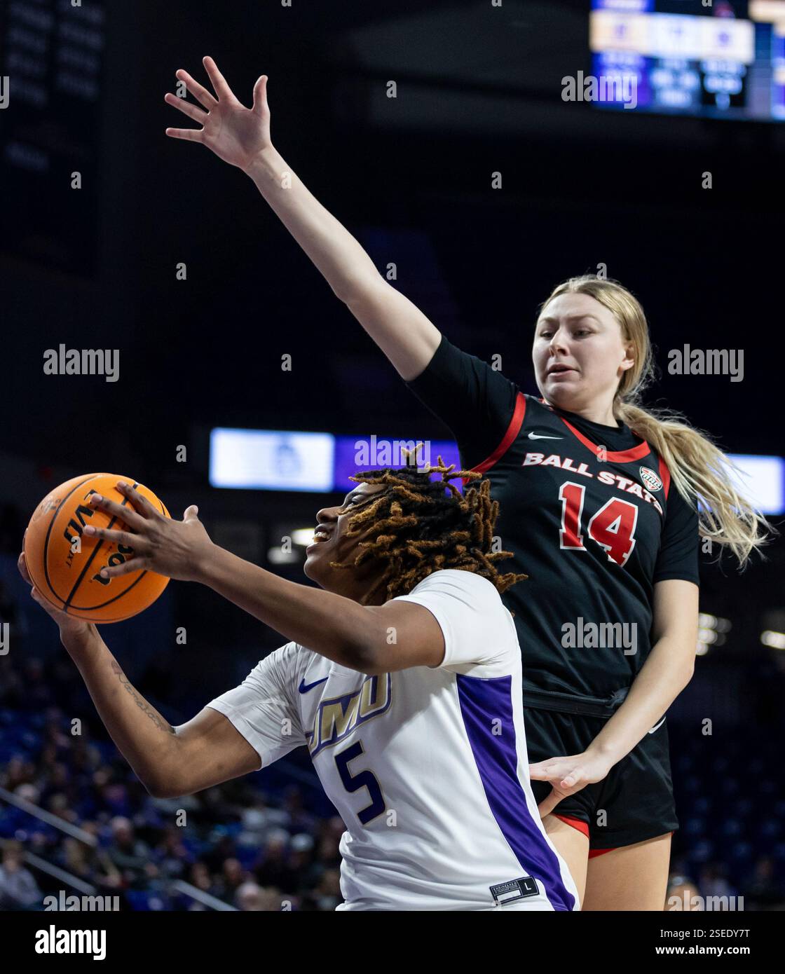 James Madison forward Ashanti Barnes (5) looks to shoot against Ball ...