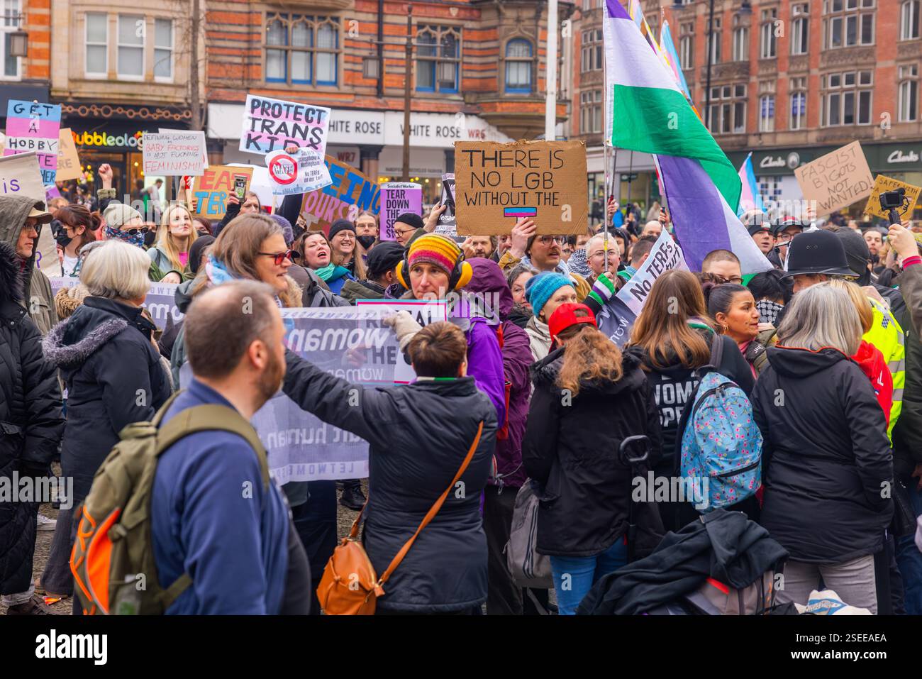 Nottingham, UK. 08 FEB, 2025. Protestors mix as two opposing groups ...