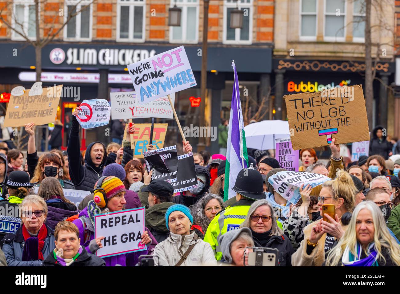 Nottingham, UK. 08 FEB, 2025. Protestors mix as two opposing groups ...