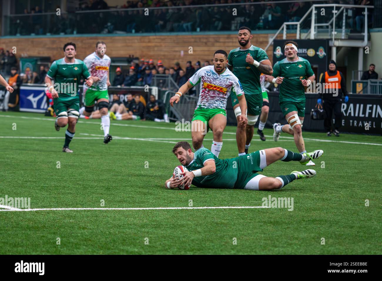 London, UK, 8th February 2025. Ealing Trailfinders flyhalf Dan Jones ...