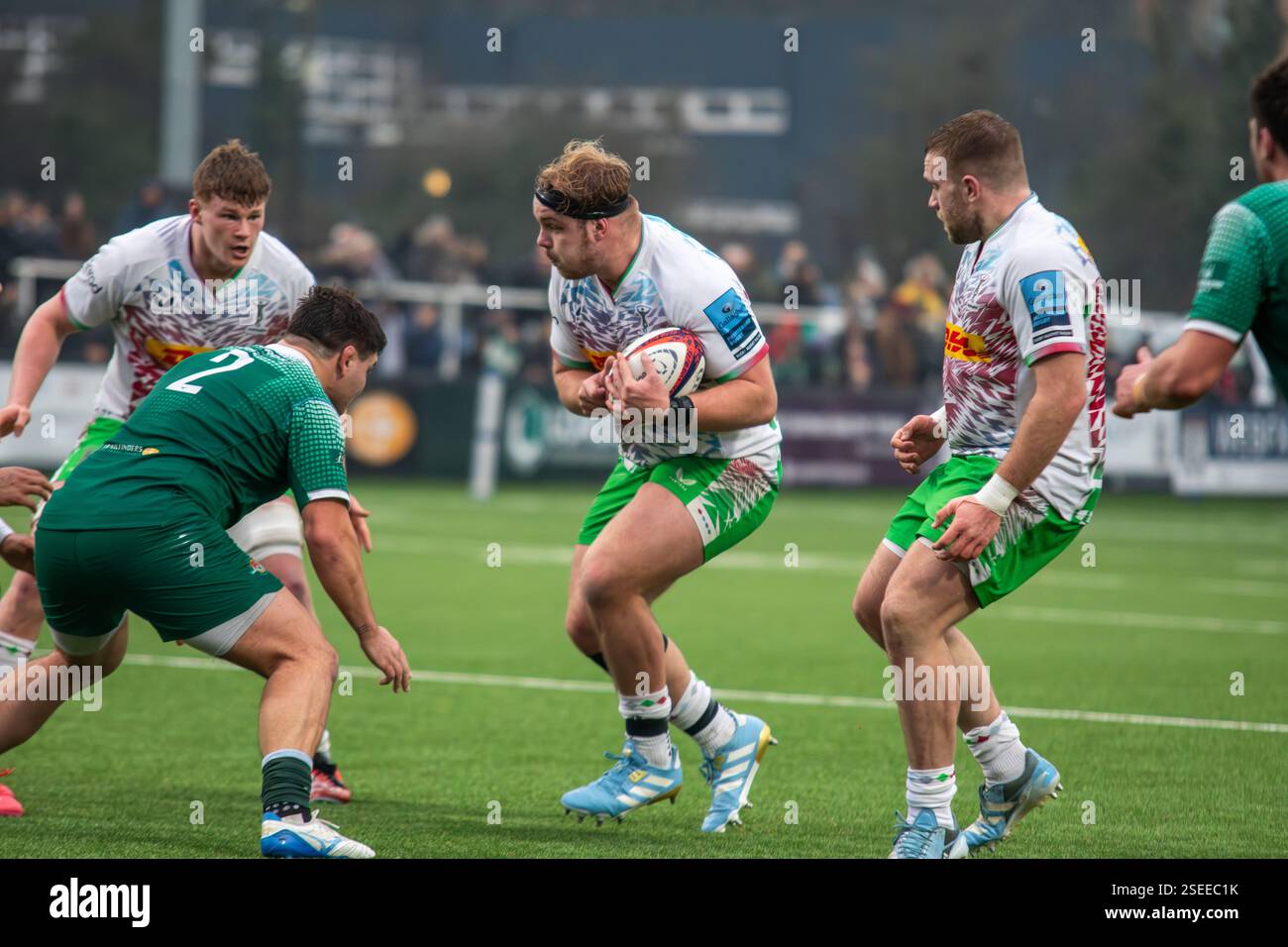 London, UK, 8th February 2025. Ealing Trailfinders captain Mike Willemse (green number 2 ...