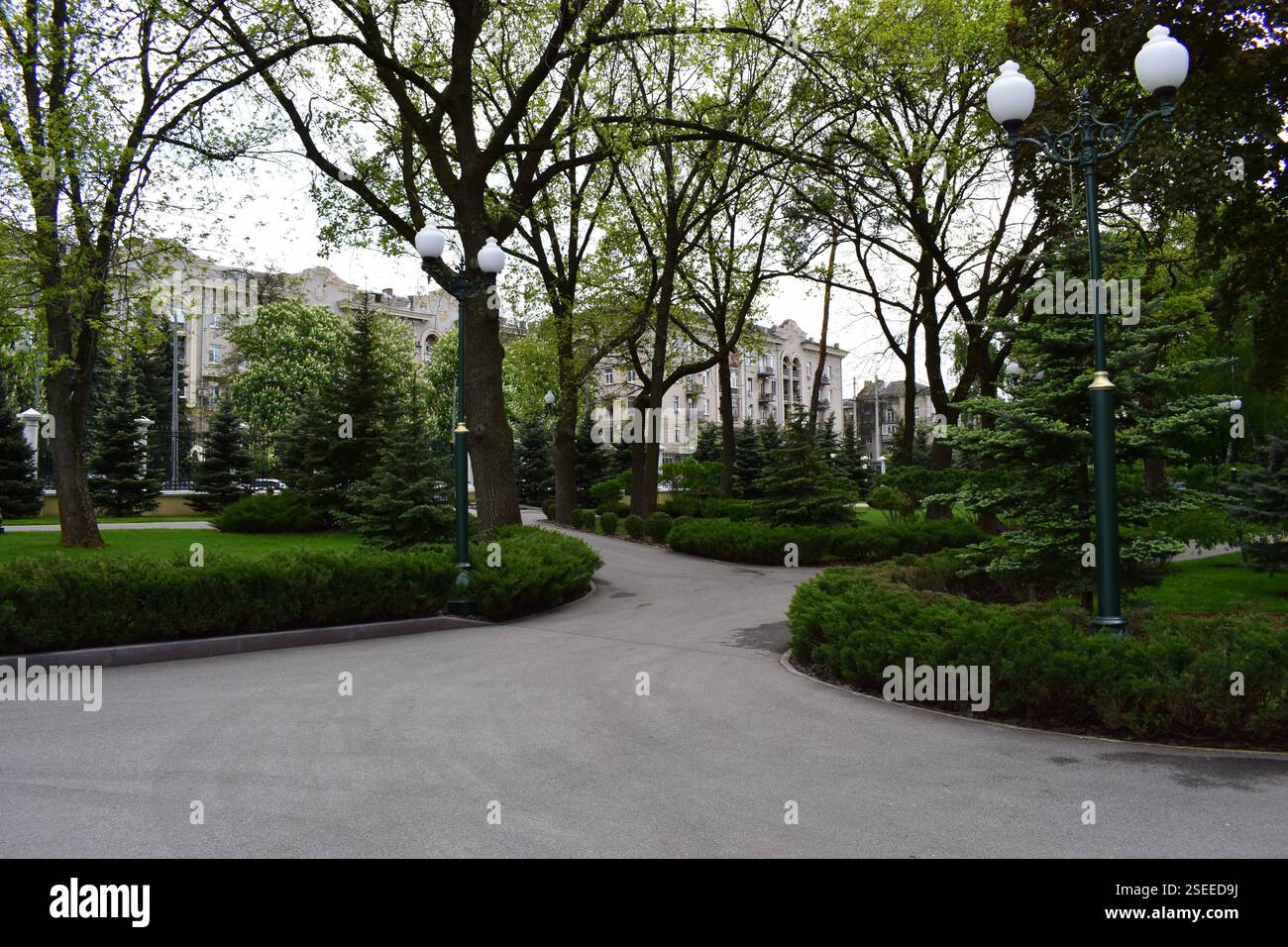 Kharkov, Ukraine, 14 May 2024. An urban park with paved walkways lined ...