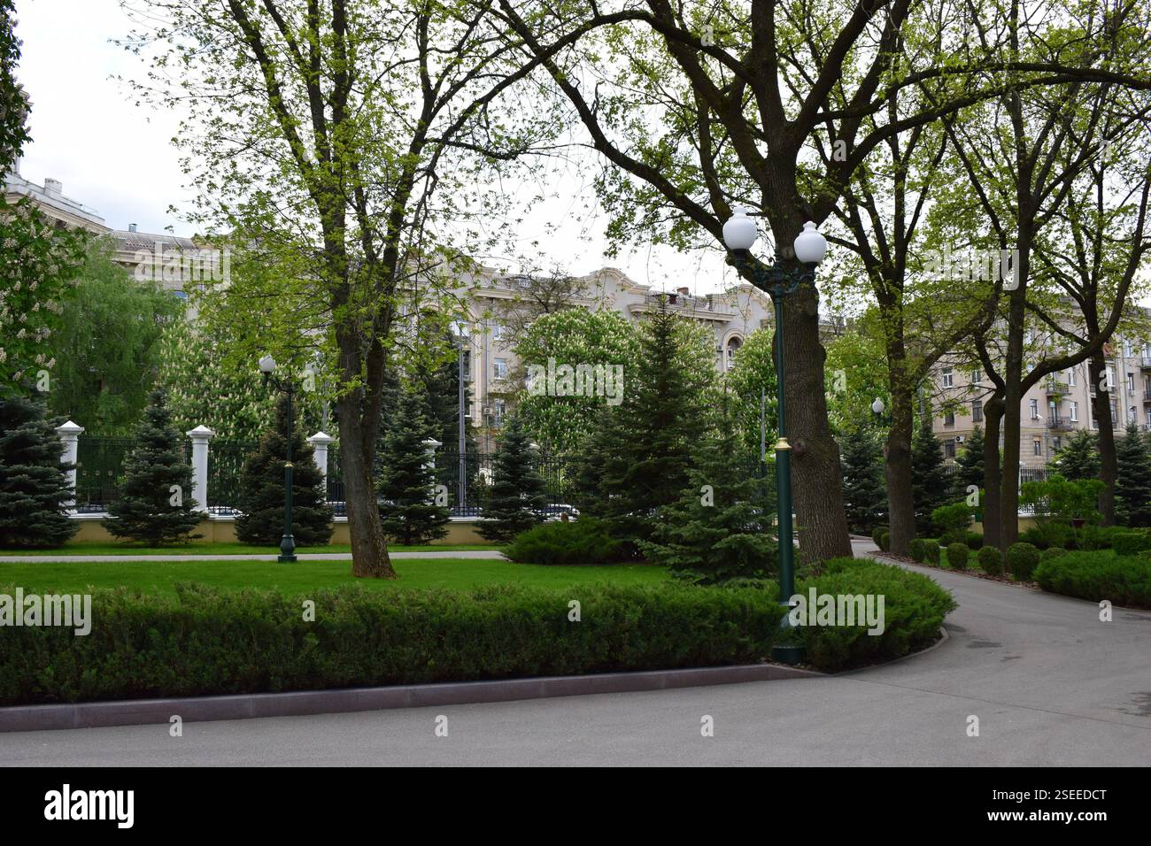 Kharkov, Ukraine, 14 May 2024. An urban park with paved walkways lined ...