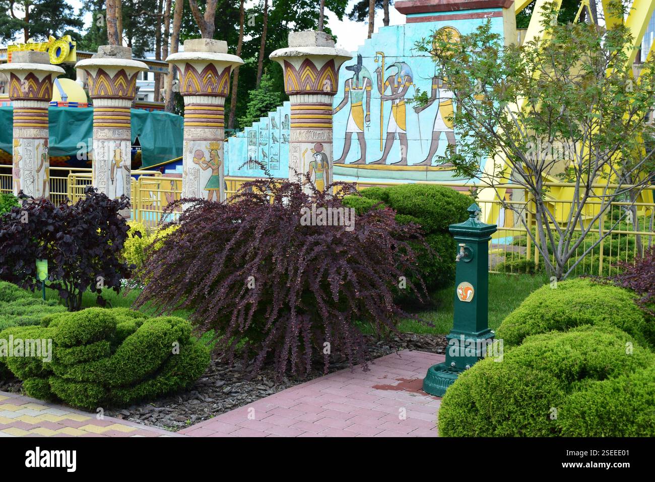 Kharkov, Ukraine, 14 May 2024. A themed park area with Egyptian-style ...