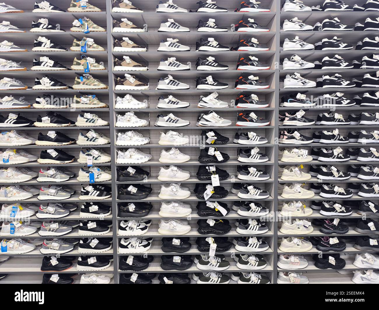 Display of assorted athletic sneakers on store shelves Stock Photo - Alamy