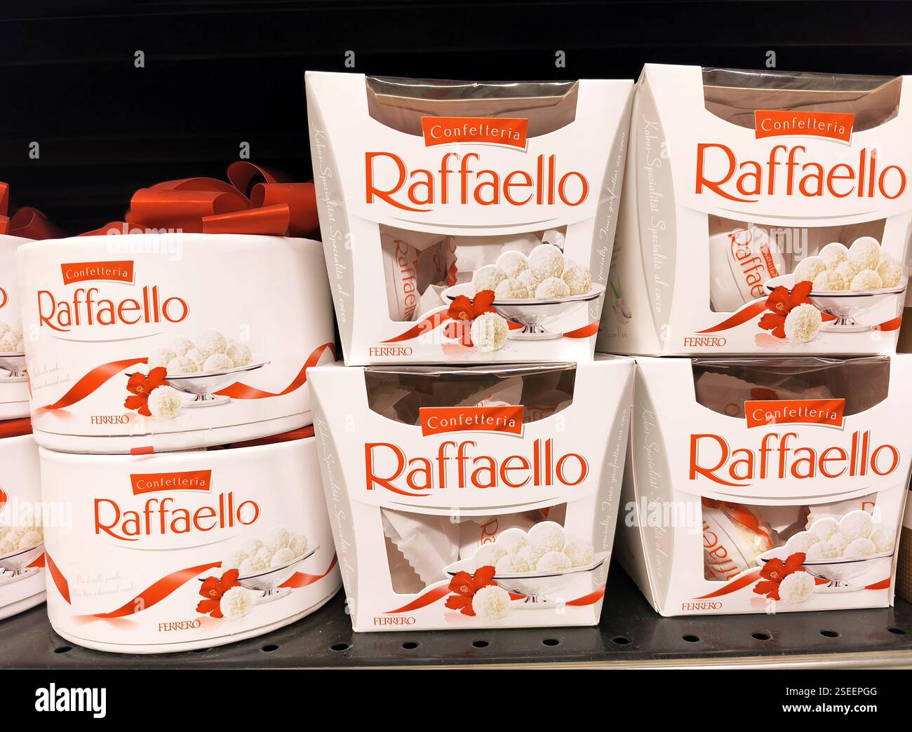 Raffaello candy display in store with gift packaging options Stock ...