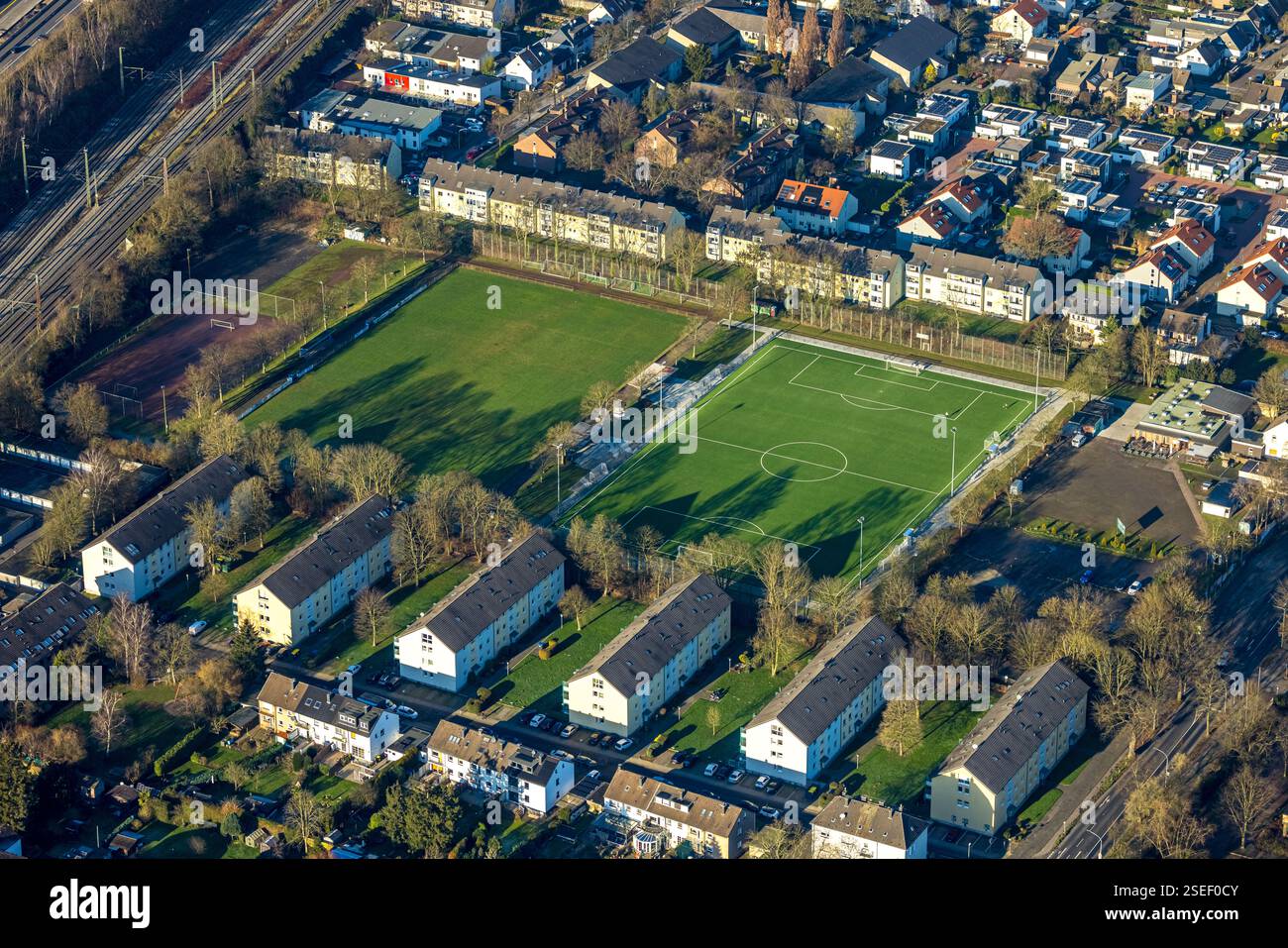Aerial view, soccer stadium Großenbaum sports facility, residential ...