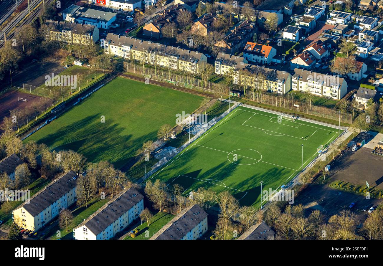 Aerial view, soccer stadium Großenbaum sports facility, residential ...