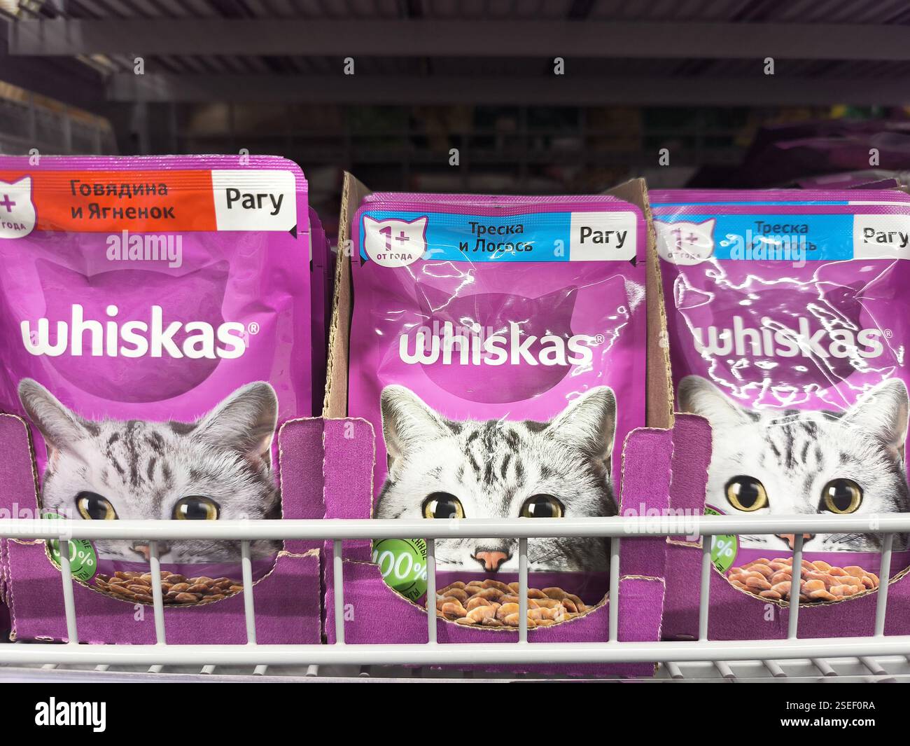 Whiskas cat food pouches on supermarket shelf in three varieties Stock ...