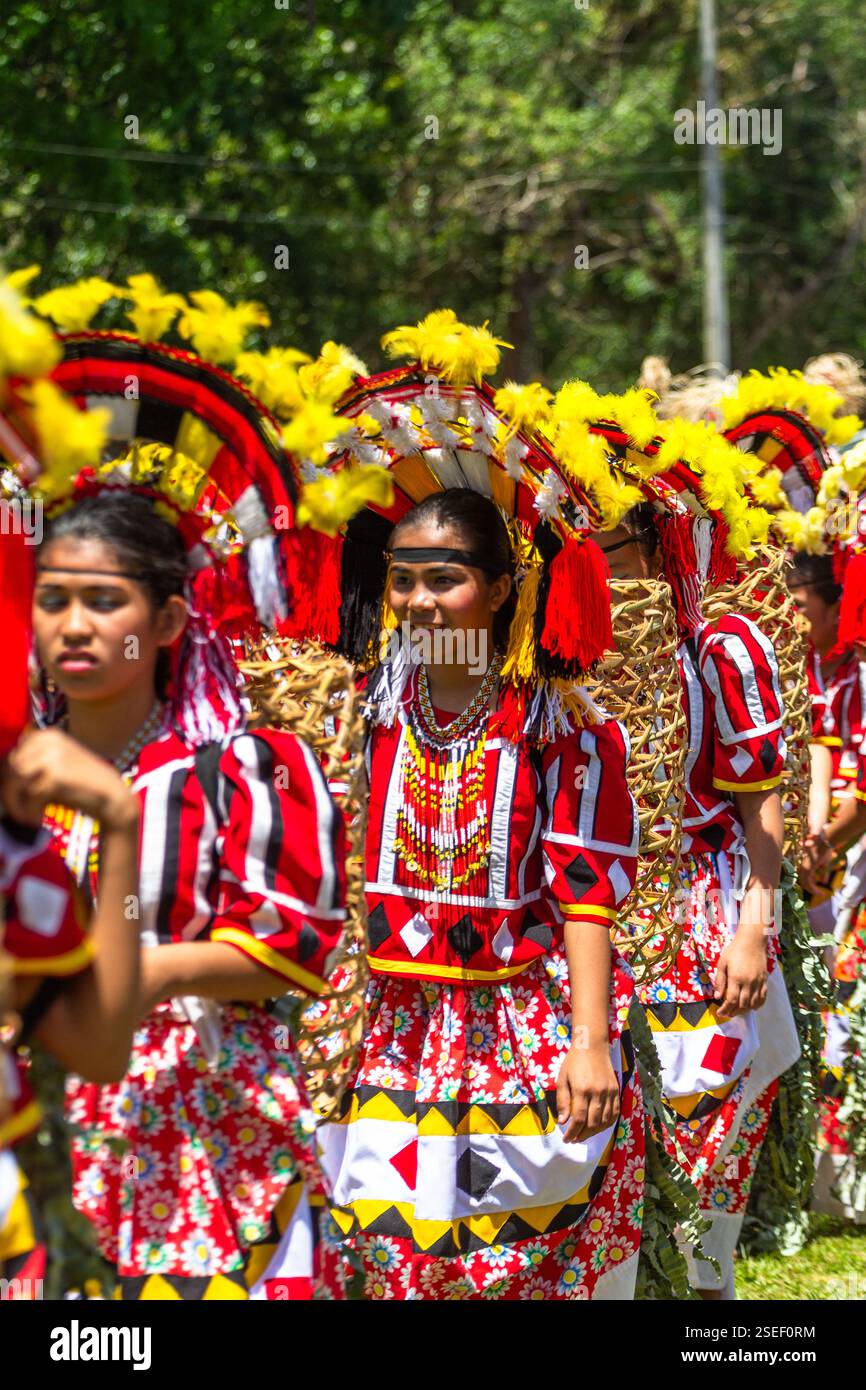 Dancers in colorful Mindanao tribal attire perform during the Kaamulan Festival in Malaybalay ...