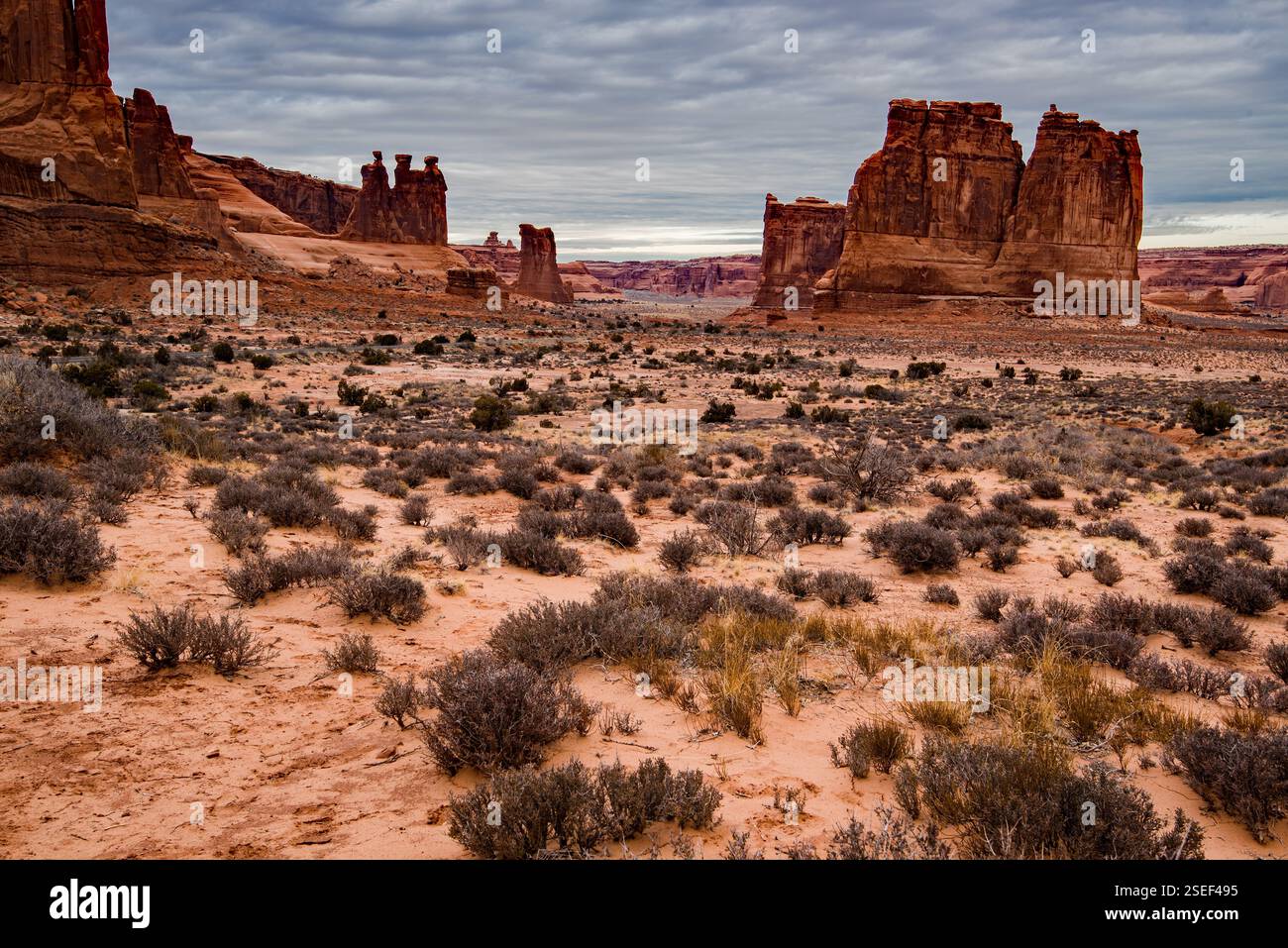 Arches National Park with gathering storm clouds. The character and ...