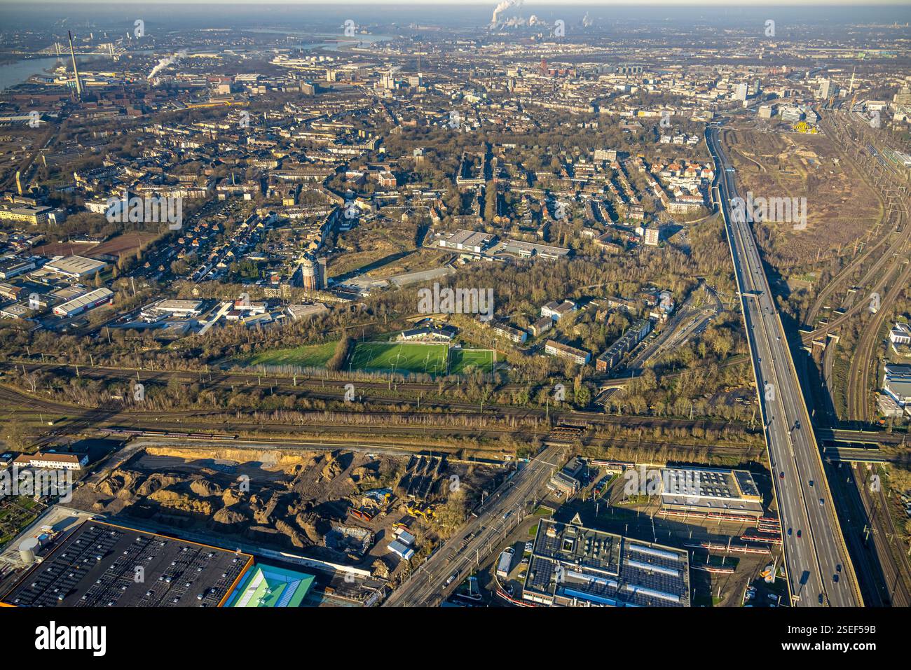 Aerial view, highway A59 with view to the city and on the right old ...