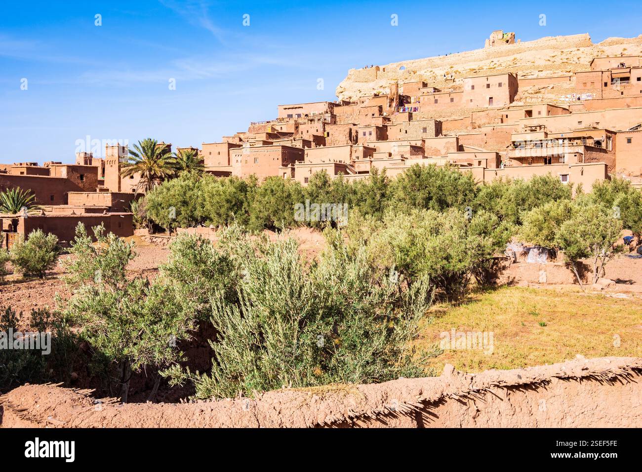 View of Ksar Ait Ben Haddou, old Berber adobe-brick village or kasbah ...
