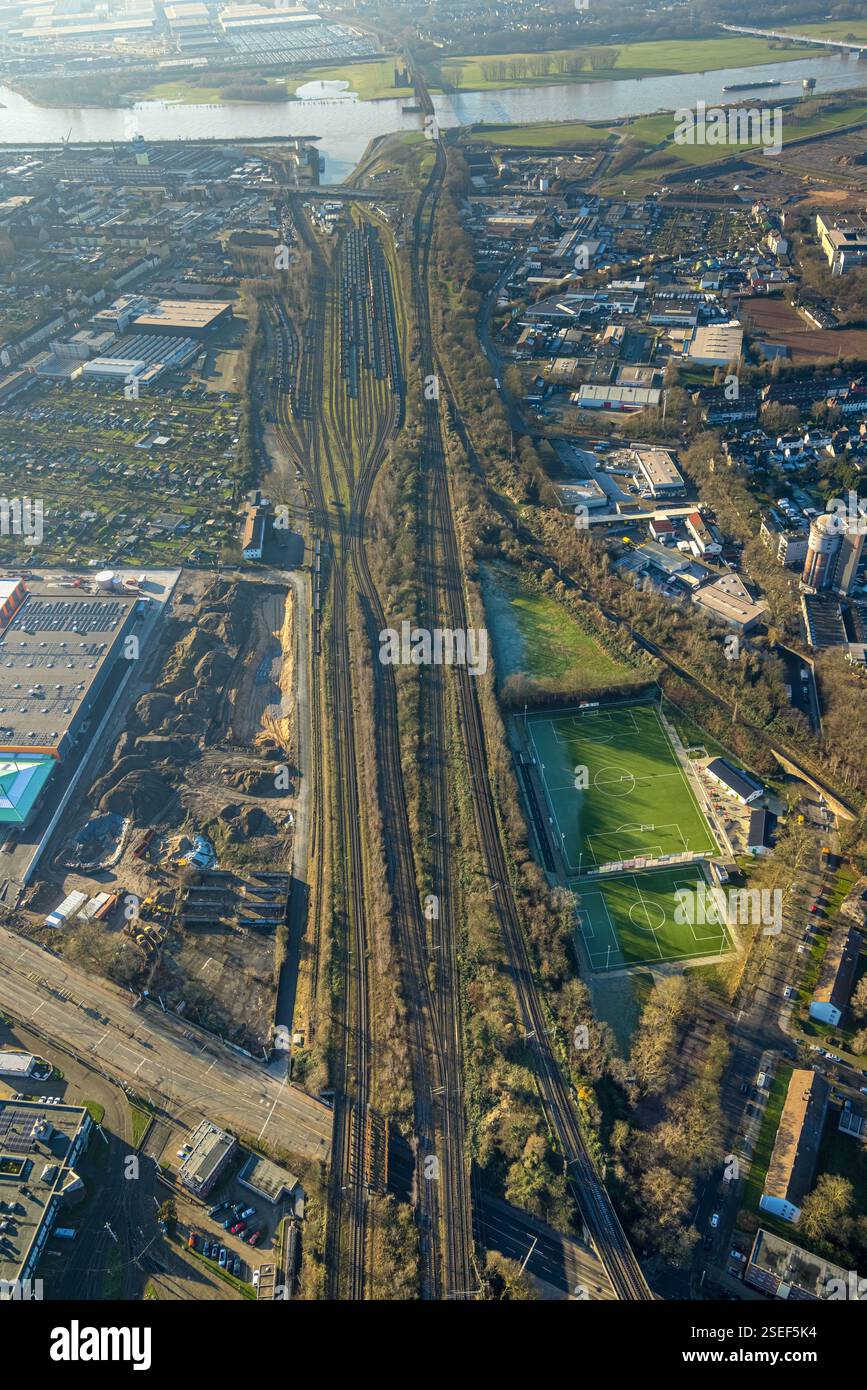 Aerial view, railroad tracks to the river Rhine and cult harbor of the ...