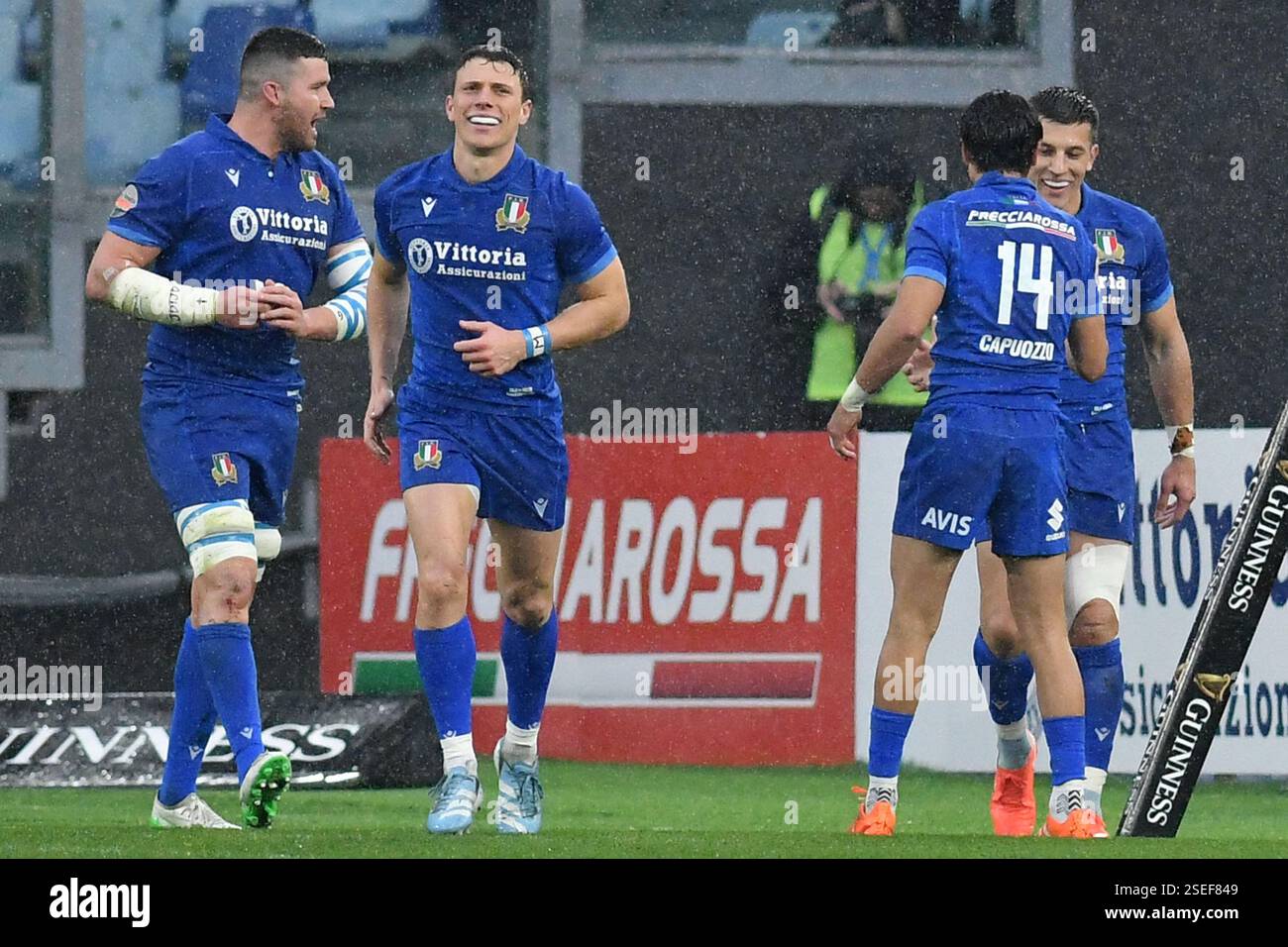 Rome, Italy. 08th Feb, 2025. Ange Capuozzo of Italy celebrates try to ...