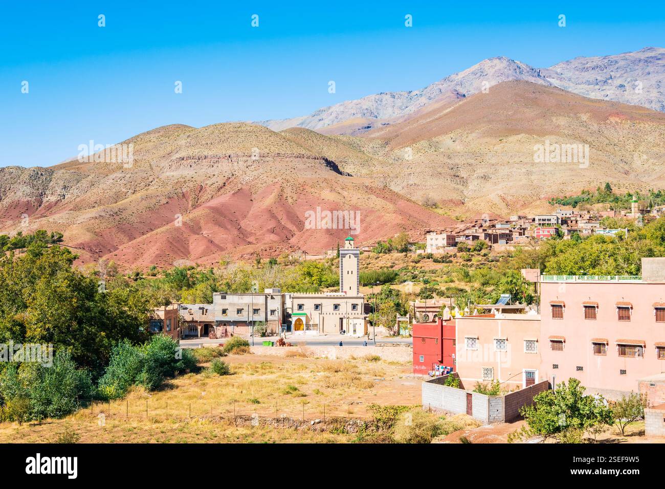 View of Tisseldei town in desert landscape of Atlas mountains on route ...