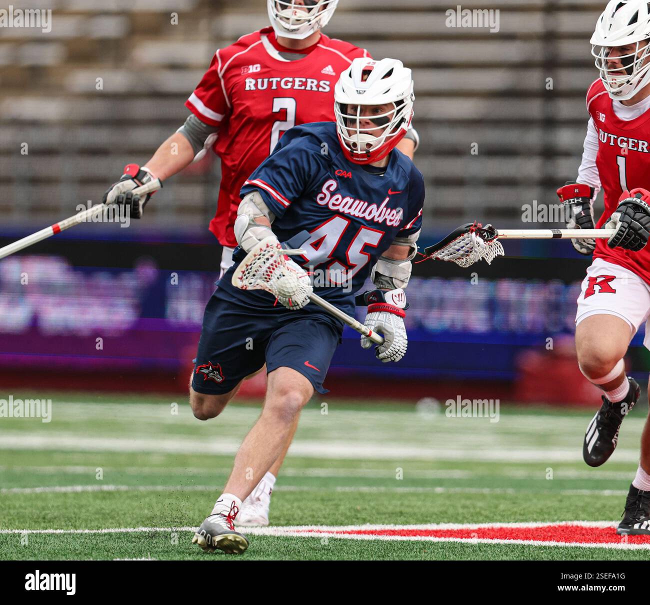 Piscataway, NJ, USA. 08th Feb, 2025. Stony Brook attack Richie Dechiaro ...