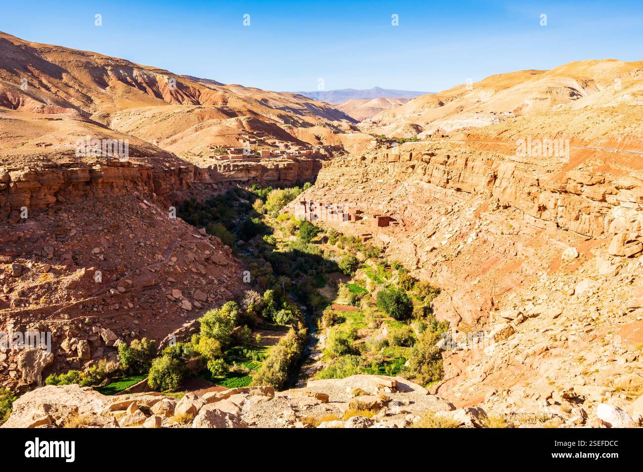 View of green oasis with palm trees and river in Dades valley between ...