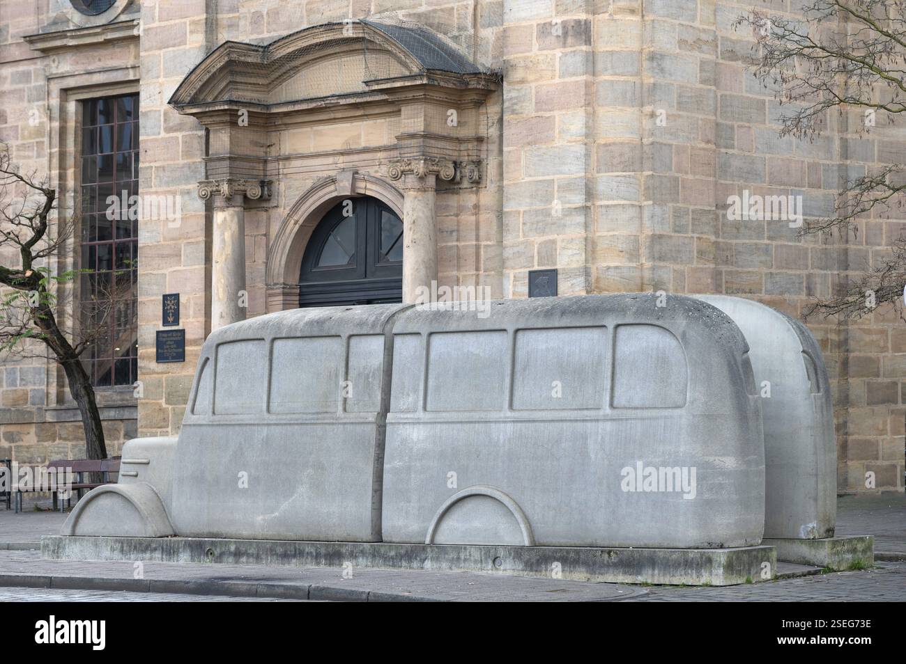 Temporary memorial, the grey concrete bus in Erlangen commemorates Nazi ...