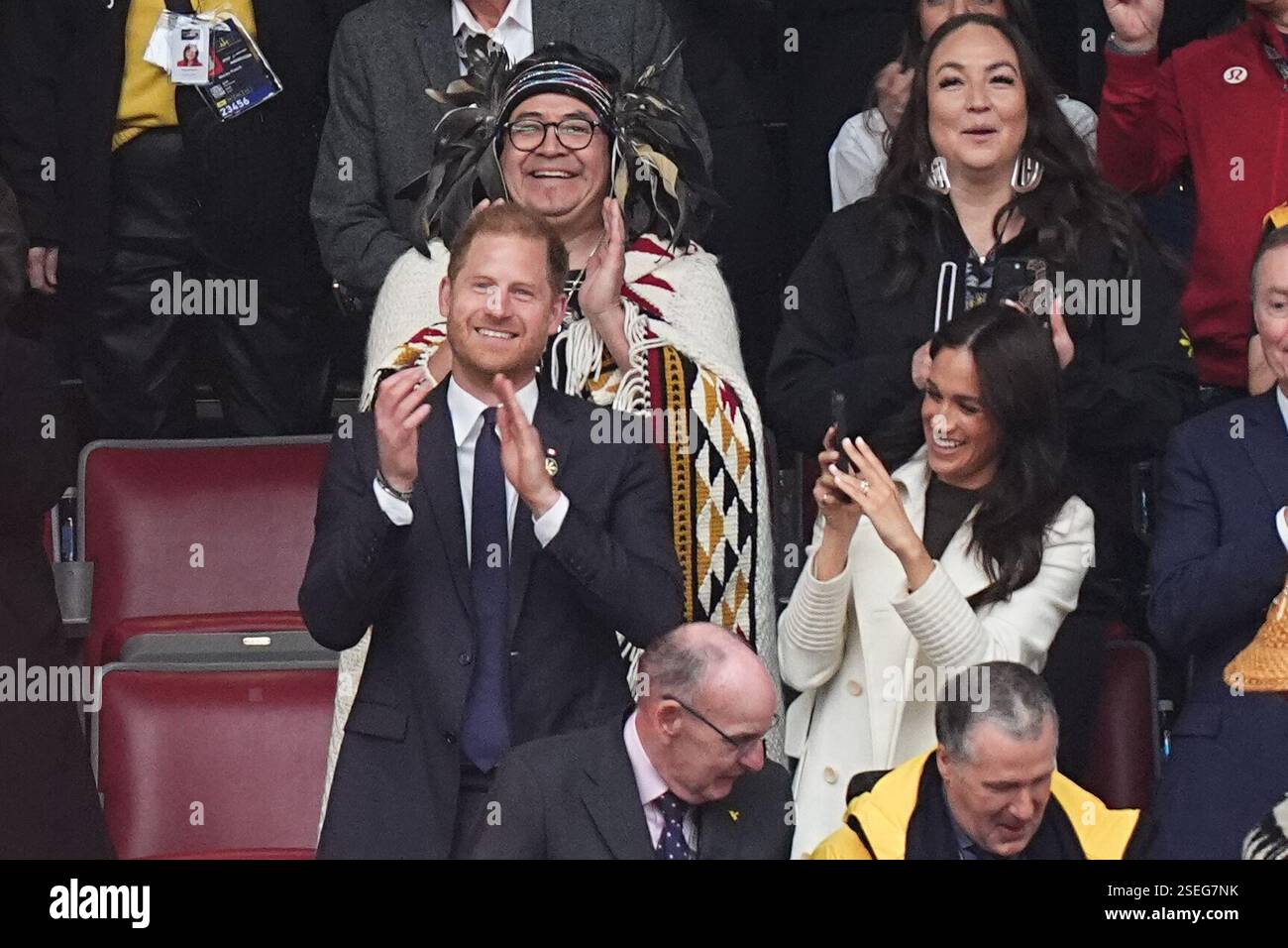The Duke and Duchess of Sussex react during the opening ceremony of the 2025 Invictus Games in ...