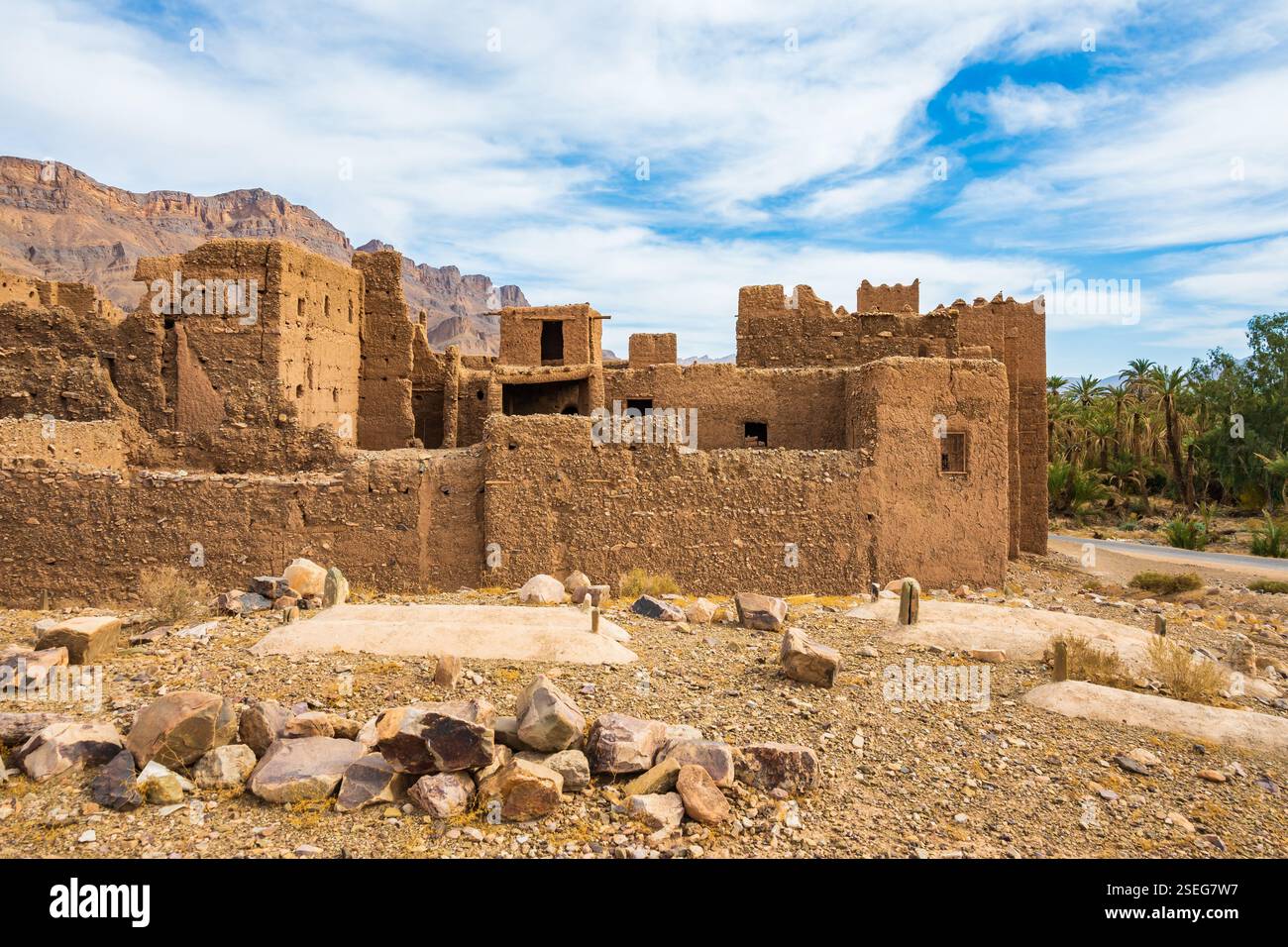 Old ancient ruins of Tamnougalt village in desert landscape of Atlas ...