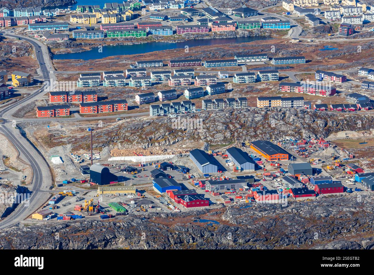 Colorful Inuit houses, Nuuk city streets panorama view from the top of ...