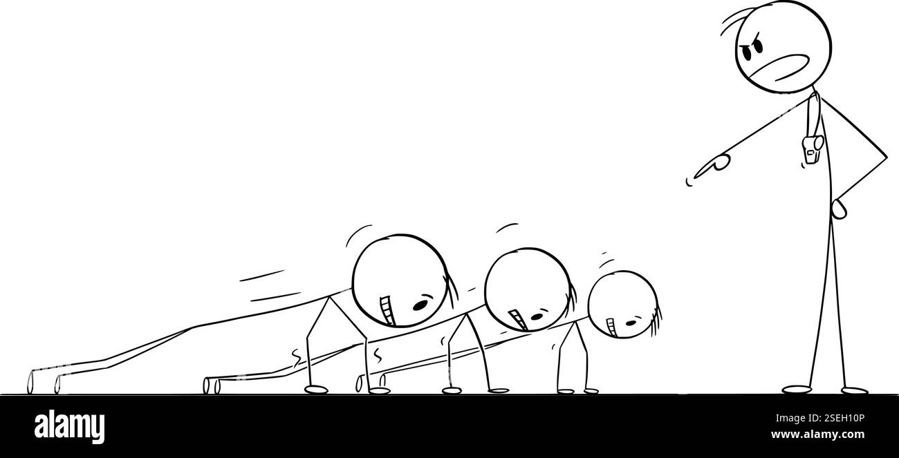 Push-up training with coach, vector cartoon stick figure or character ...