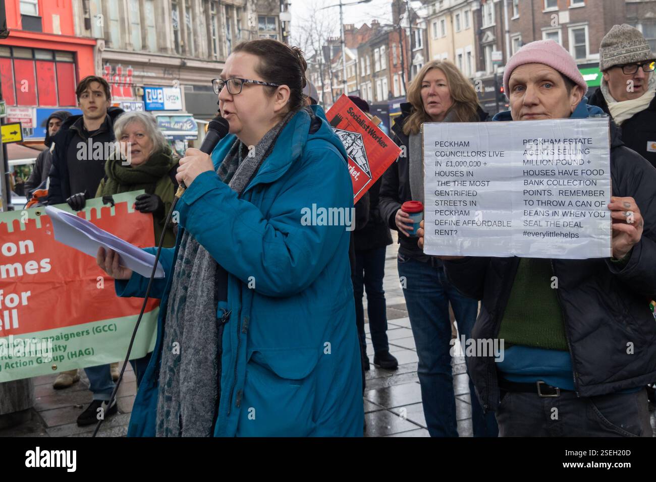 London, UK. 8 Feb 2025. Peckham residents and local housing activists ...
