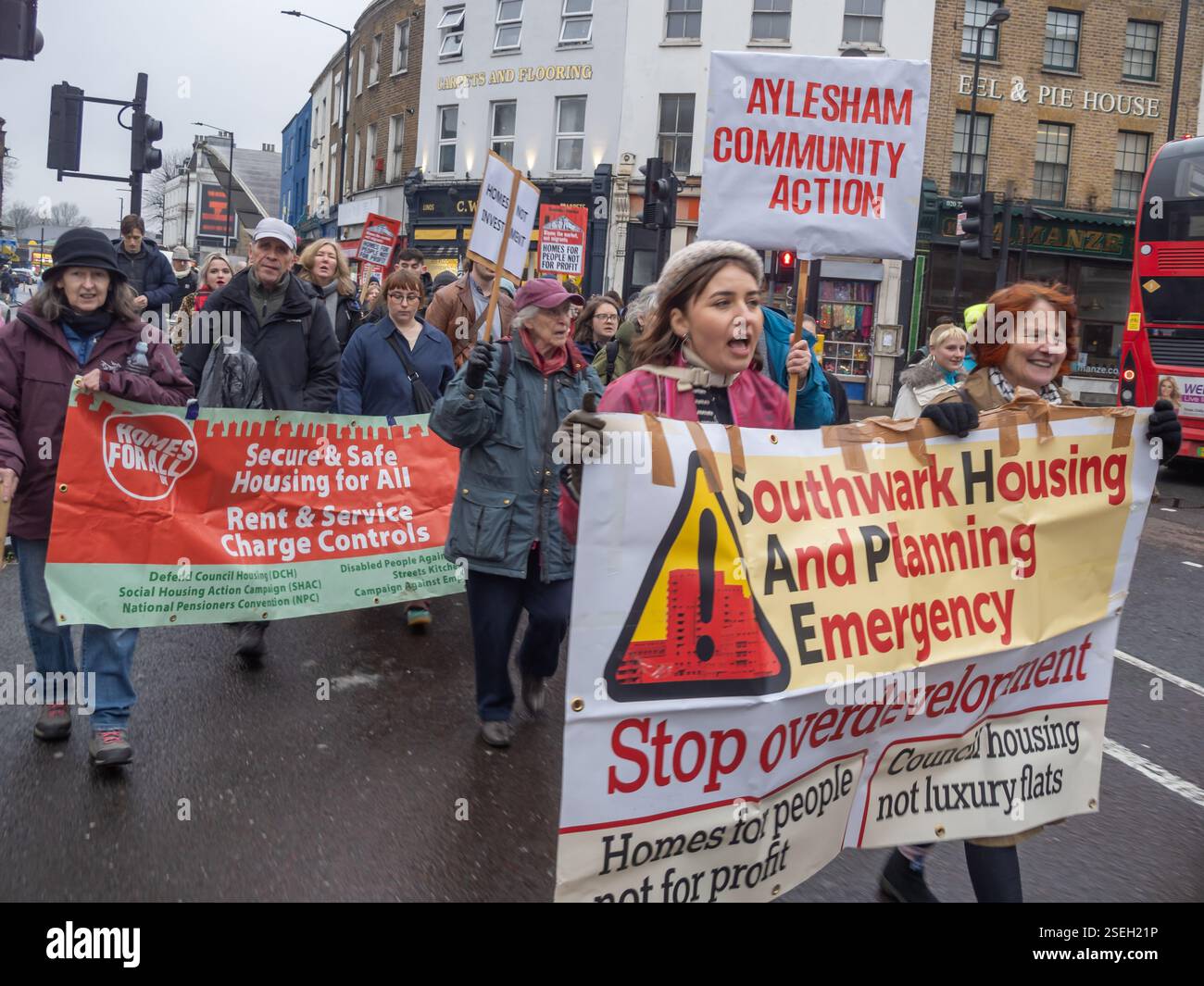 London, UK. 8 Feb 2025. Peckham residents and local housing activists ...