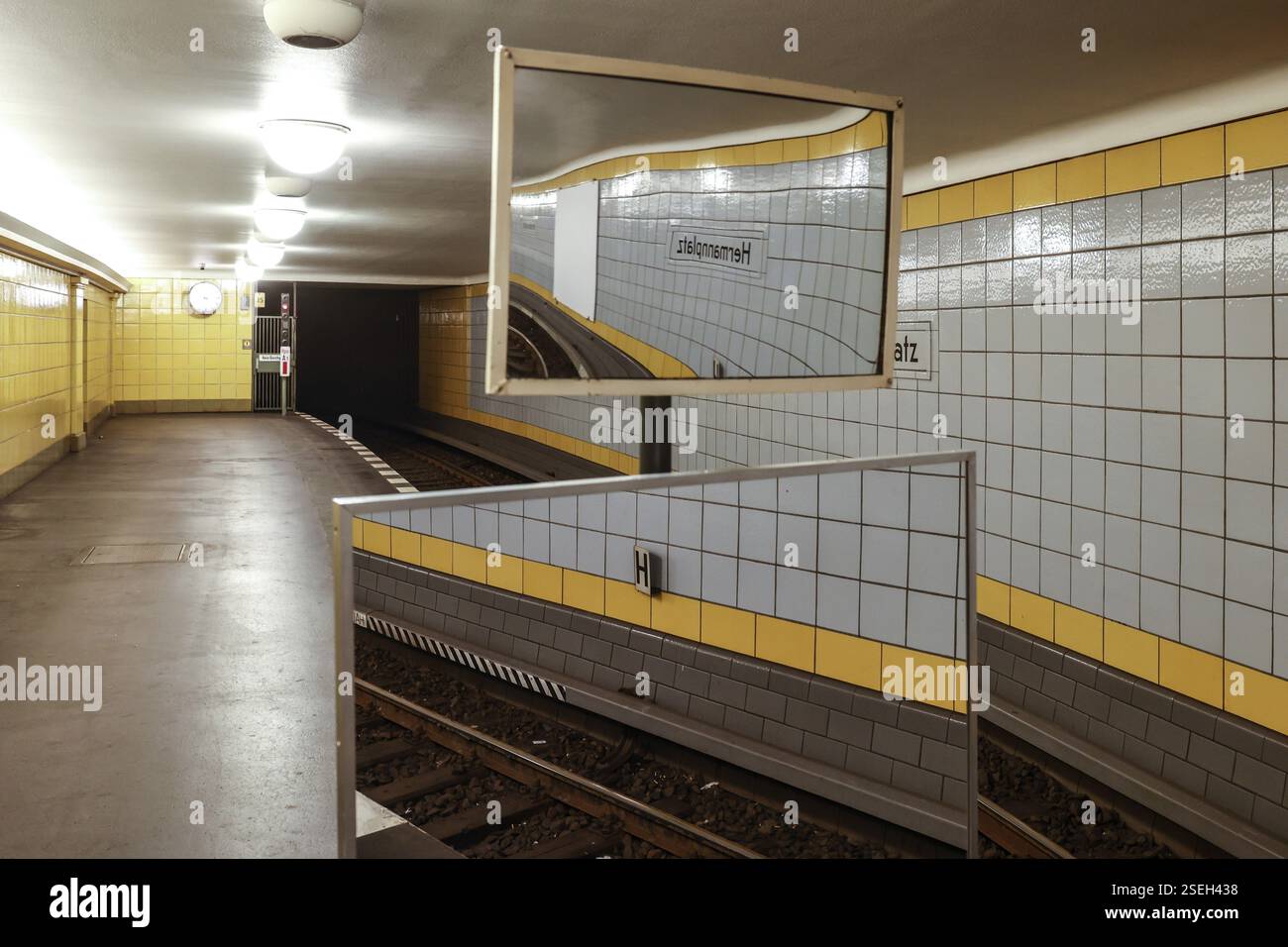 Mirrors on an underground platform at Hermannplatz station. The mirrors ...