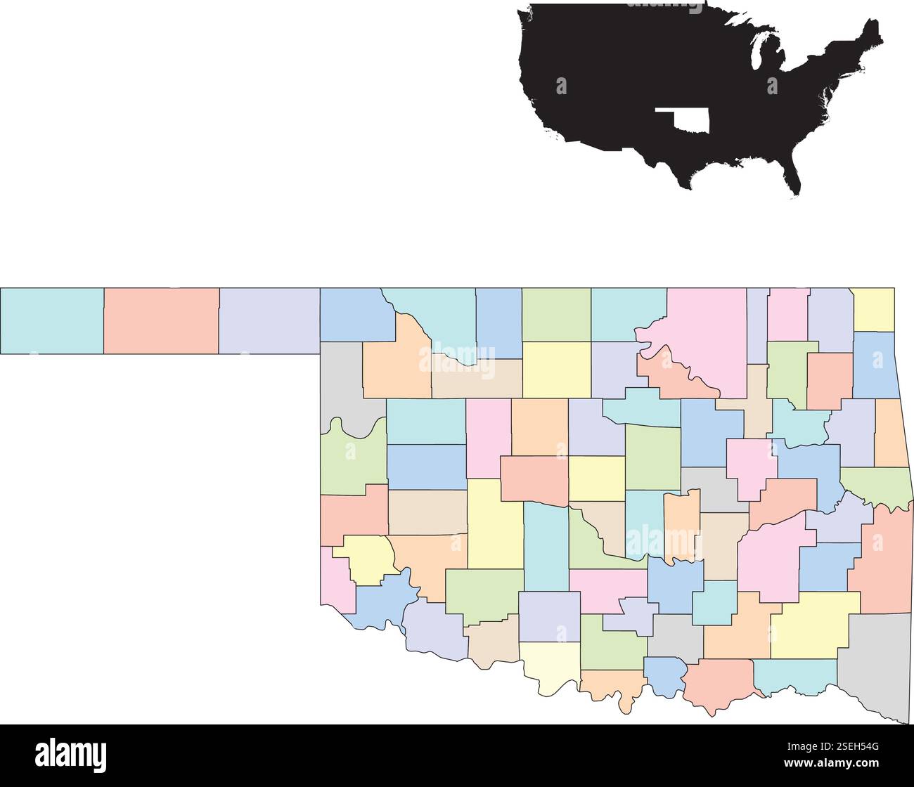 Colorful map of Oklahoma showing the boundaries of its counties Stock ...