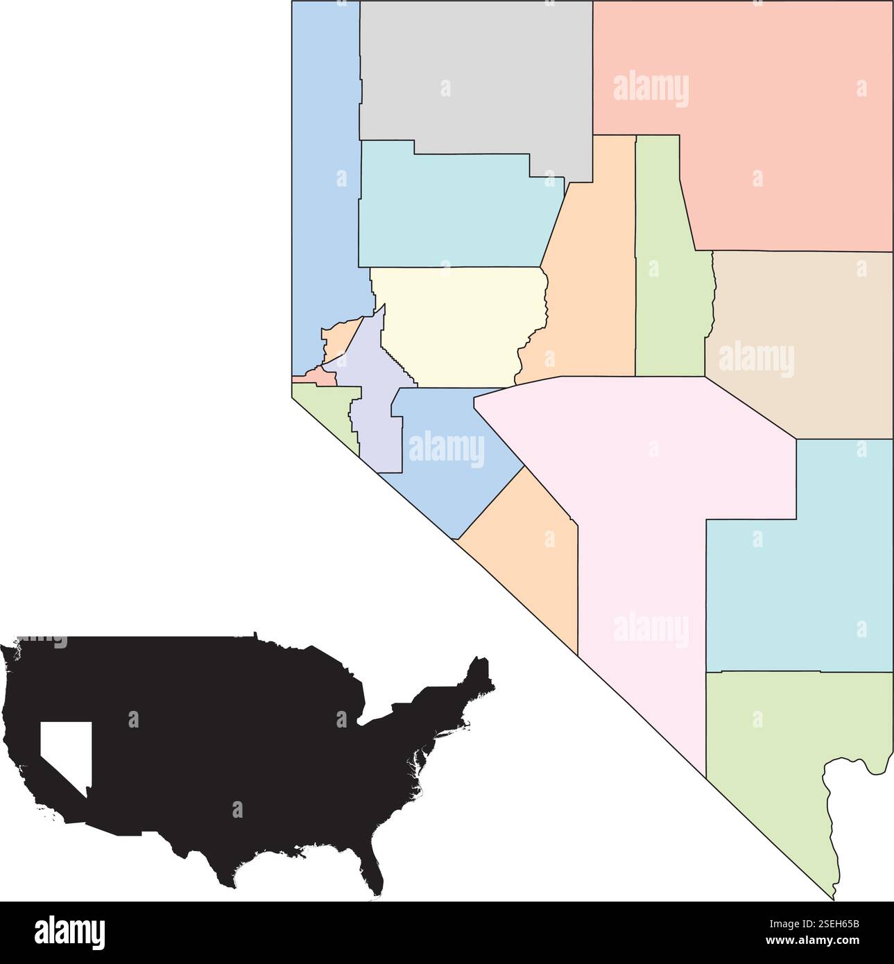 Colorful editable vector map of Nevada, showing the boundaries of its counties Stock Vector ...