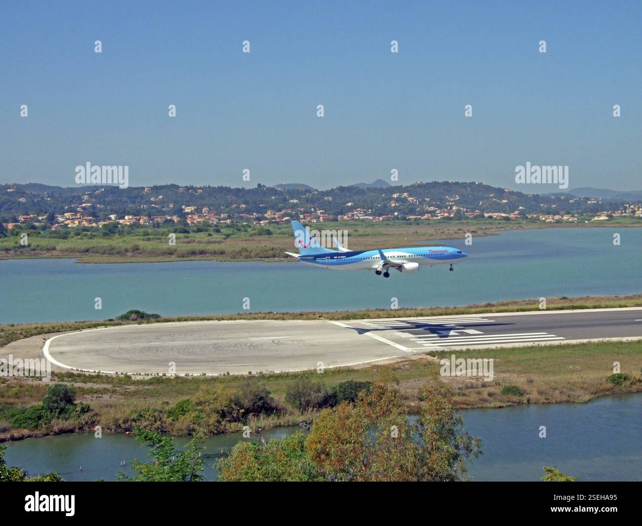 Greece, Corfu island, airport, runway, aeroplane landing, Europe Stock ...