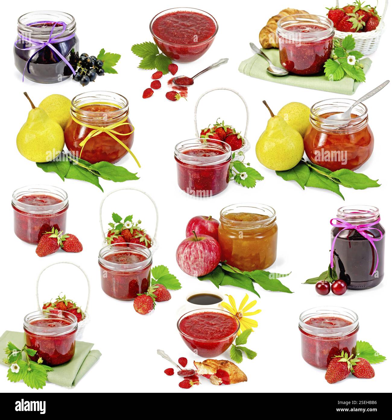 Set of photos jam of strawberry, black currant, cherry, apple and pear ...