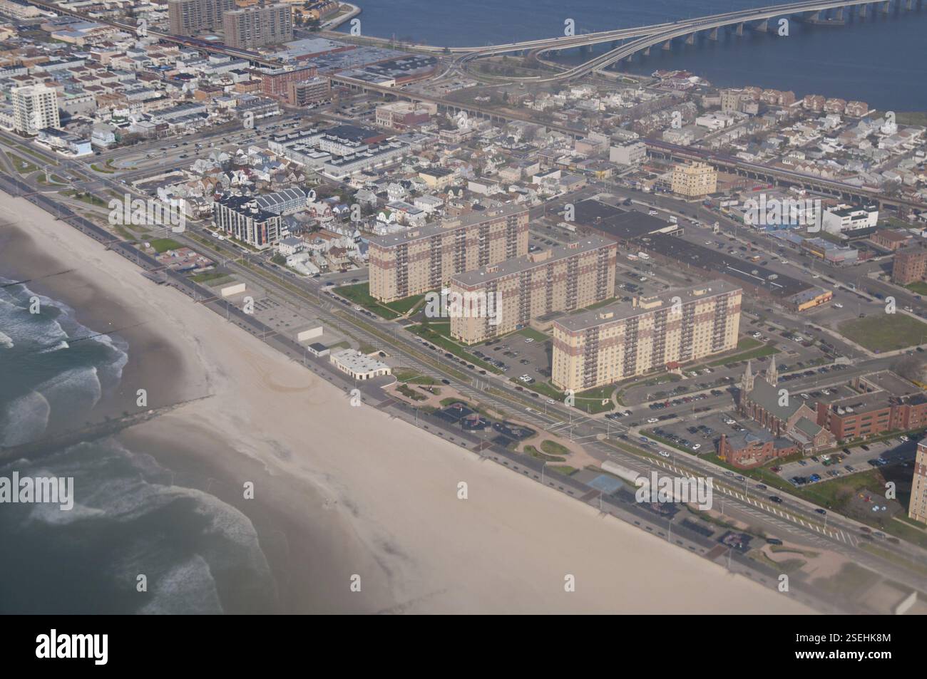 Aerial view of Rockaway beach boardwalks in Queens, NY, New York City ...