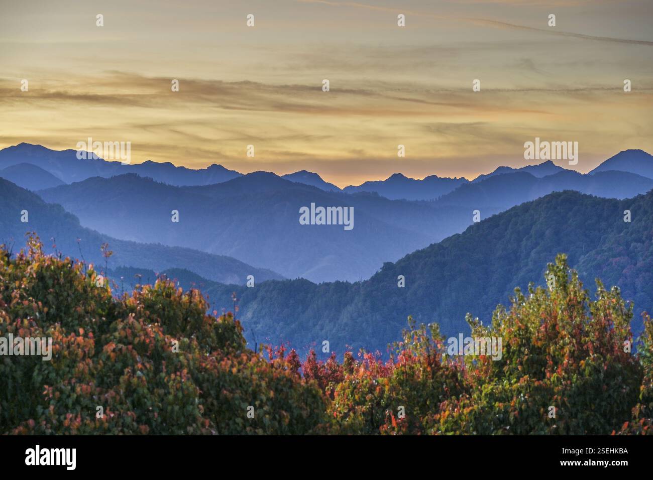 Mountain landscape, low mountain range seen in the morning light from ...